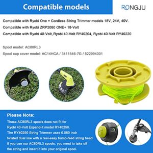 RONGJU 8 Pack Weed Eater Spool Replacement Compatible with Ryobi One Plus+ AC80RL3 for Ryobi 18v, 24v, 40v Trimmers 11ft 0.080 Inch Twisted Line + 1 Pack String Trimmer Cap (8 Spools, 1 Cap)