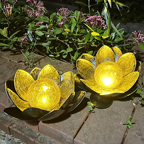 EMINGSKY 2 Pack Solar Lotus Flower Light Outdoor Garden Decoration Amber Crackle Glass Metal Lotus Ornaments Landscape Light for Lawn Balcony Patio Pathway Decor (Silver)