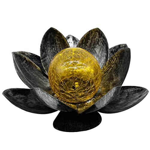 EMINGSKY 2 Pack Solar Lotus Flower Light Outdoor Garden Decoration Amber Crackle Glass Metal Lotus Ornaments Landscape Light for Lawn Balcony Patio Pathway Decor (Silver)