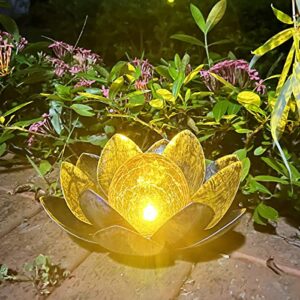 EMINGSKY 2 Pack Solar Lotus Flower Light Outdoor Garden Decoration Amber Crackle Glass Metal Lotus Ornaments Landscape Light for Lawn Balcony Patio Pathway Decor (Silver)