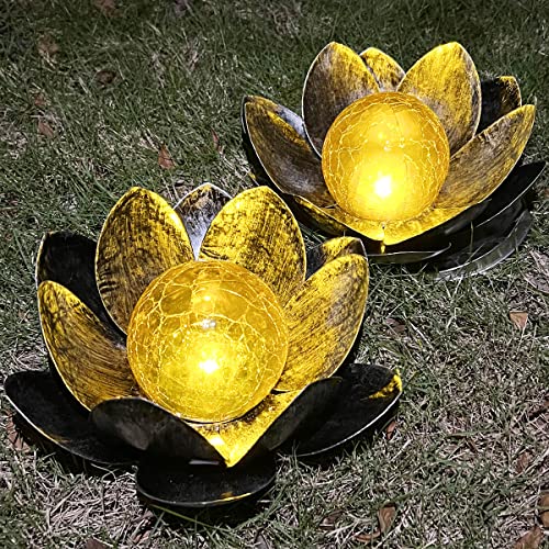 EMINGSKY 2 Pack Solar Lotus Flower Light Outdoor Garden Decoration Amber Crackle Glass Metal Lotus Ornaments Landscape Light for Lawn Balcony Patio Pathway Decor (Silver)