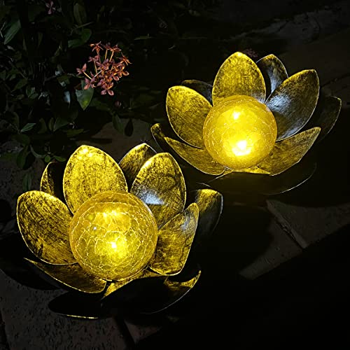 EMINGSKY 2 Pack Solar Lotus Flower Light Outdoor Garden Decoration Amber Crackle Glass Metal Lotus Ornaments Landscape Light for Lawn Balcony Patio Pathway Decor (Silver)