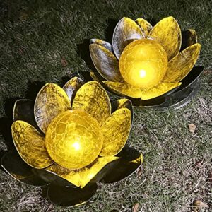 EMINGSKY 2 Pack Solar Lotus Flower Light Outdoor Garden Decoration Amber Crackle Glass Metal Lotus Ornaments Landscape Light for Lawn Balcony Patio Pathway Decor (Silver)