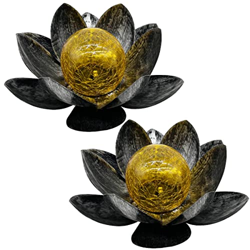 EMINGSKY 2 Pack Solar Lotus Flower Light Outdoor Garden Decoration Amber Crackle Glass Metal Lotus Ornaments Landscape Light for Lawn Balcony Patio Pathway Decor (Silver)