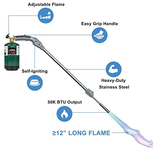 BLUEFIRE 38" Long Propane Weed Torch 50K BTU Trigger Start Self Ignition on Handle Heavy-Duty Portable Weeds Burning Garden Blowtorch Snow Melting Roof Road Repairing Campfire Starter