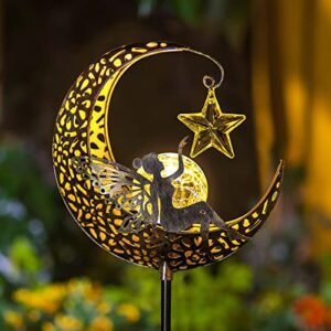 twinkya solar garden lights outdoor decorations waterproof decorative solar powered stakes metal moon fairy stars crackle glass globe lights for patio pathway walkway yard lawn backyard decor (gold)