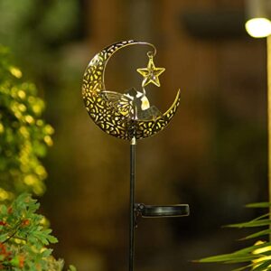 twinkya Solar Garden Lights Outdoor Decorations Waterproof Decorative Solar Powered Stakes Metal Moon Fairy Stars Crackle Glass Globe Lights for Patio Pathway Walkway Yard Lawn Backyard Decor (Gold)