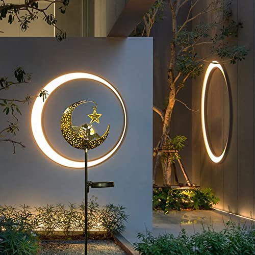 twinkya Solar Garden Lights Outdoor Decorations Waterproof Decorative Solar Powered Stakes Metal Moon Fairy Stars Crackle Glass Globe Lights for Patio Pathway Walkway Yard Lawn Backyard Decor (Gold)