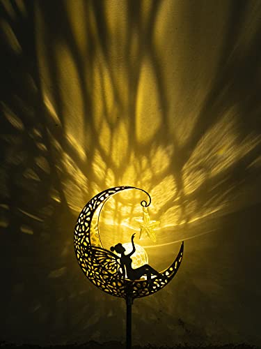 twinkya Solar Garden Lights Outdoor Decorations Waterproof Decorative Solar Powered Stakes Metal Moon Fairy Stars Crackle Glass Globe Lights for Patio Pathway Walkway Yard Lawn Backyard Decor (Gold)