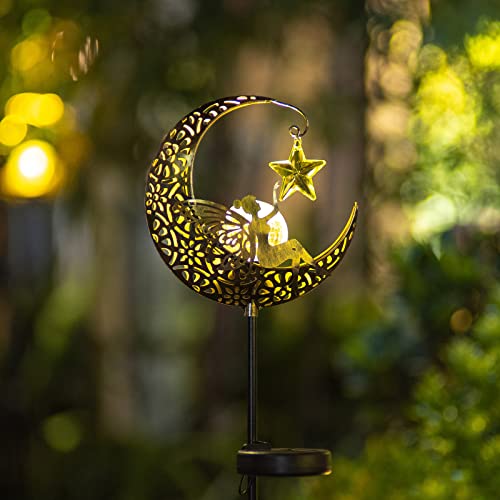 twinkya Solar Garden Lights Outdoor Decorations Waterproof Decorative Solar Powered Stakes Metal Moon Fairy Stars Crackle Glass Globe Lights for Patio Pathway Walkway Yard Lawn Backyard Decor (Gold)