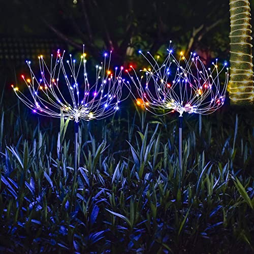 Honche Solar Garden Lights Outdoor Waterproof, LED Firefly Starburst Firework Light for Pathway Patio Lawn Backyard Flowerbed Party Christmas Decorations with 120 LEDs 8 Mode 2 Pack RGB Oval