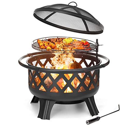 JAHH 30inch BBQ Grill Fire Pits Outdoor Wood Burning Fire Pit Stove Garden Patio Wood Log Barbecue Grill Net Set Cooking Tools