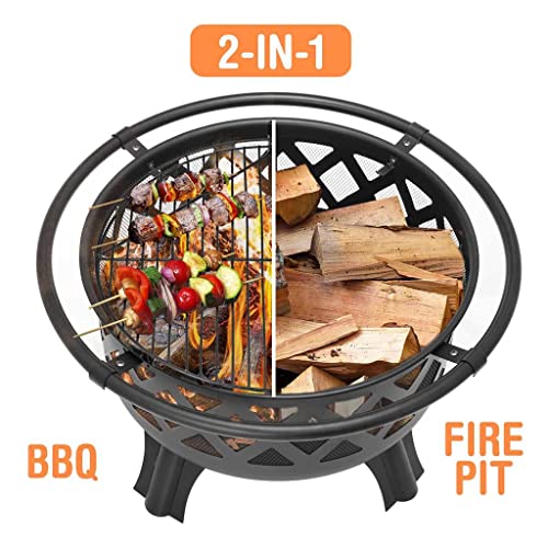 JAHH 30inch BBQ Grill Fire Pits Outdoor Wood Burning Fire Pit Stove Garden Patio Wood Log Barbecue Grill Net Set Cooking Tools