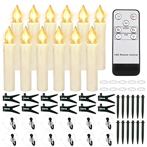 FPOO 12 PCS Flameless Flickering Window Candles with Timer & Remote, Battery Operated LED Taper Christmas Tree Candles Lights with Clips and Suction Cups for Home, Garden, Holiday Decorations