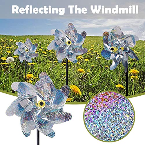 10 PCS Reflective Pinwheels with Stakes, Extra Sparkly Pin Wheel for Garden Yard Decor, Bird and Animal Deterrent Device to Scare Birds Away from Patio Farm