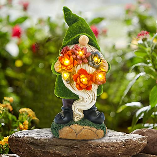 DKJOCKY Garden Gnomes Statues,Resin Knomes Figurine with Succulent Wreath Solar 6 LED Lights,Outdoor Statues Garden Decor for Patio Yard Lawn Porch Art Ornament Gift,10.2inch