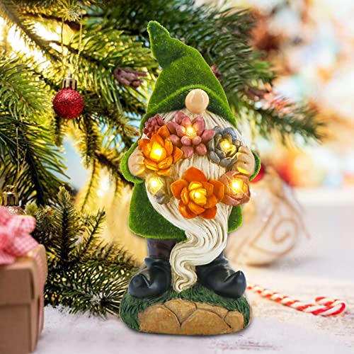 DKJOCKY Garden Gnomes Statues,Resin Knomes Figurine with Succulent Wreath Solar 6 LED Lights,Outdoor Statues Garden Decor for Patio Yard Lawn Porch Art Ornament Gift,10.2inch