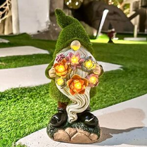 DKJOCKY Garden Gnomes Statues,Resin Knomes Figurine with Succulent Wreath Solar 6 LED Lights,Outdoor Statues Garden Decor for Patio Yard Lawn Porch Art Ornament Gift,10.2inch