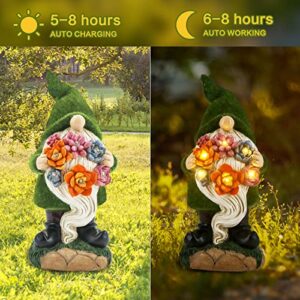 DKJOCKY Garden Gnomes Statues,Resin Knomes Figurine with Succulent Wreath Solar 6 LED Lights,Outdoor Statues Garden Decor for Patio Yard Lawn Porch Art Ornament Gift,10.2inch