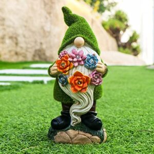 DKJOCKY Garden Gnomes Statues,Resin Knomes Figurine with Succulent Wreath Solar 6 LED Lights,Outdoor Statues Garden Decor for Patio Yard Lawn Porch Art Ornament Gift,10.2inch