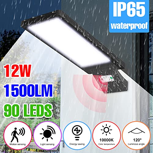 12W Solar Street Light Outdoor IP65 Waterproof,1500LM Dusk to Dawn Wireless Security Solar Power Flood Lights 10000K Cold White,90leds Motion Sensor Lamp 3 Lighting Modes for Deck,Garden,Gutter,Yard