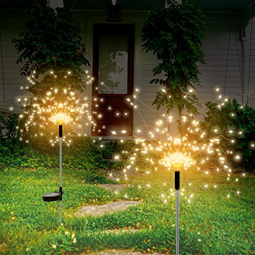 NEONLG 150 LED 8 Modes Solar Firework Lights, Outdoor Garden Waterproof Fireworks Lamps for Walkway Pathway Backyard Lawn Landscape, 2 Pack Vibrant Tree Decorative Stick String Light, Warm White