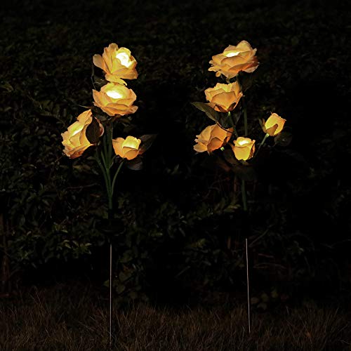 HDNICEZM Solar Garden Lights Outdoor Decorative - 2 Pack Upgraded Realistic 5 Rose Flowers Lights LED Solar Stake Lights Waterproof for Garden Backyard Patio Pathway Courtyard Decoration (Yellow)