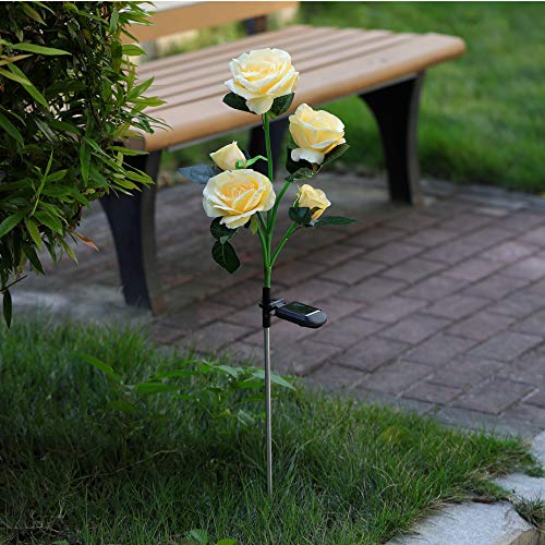 HDNICEZM Solar Garden Lights Outdoor Decorative - 2 Pack Upgraded Realistic 5 Rose Flowers Lights LED Solar Stake Lights Waterproof for Garden Backyard Patio Pathway Courtyard Decoration (Yellow)