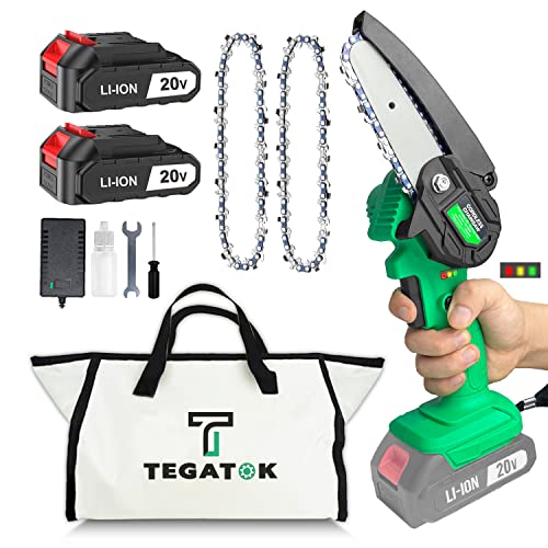 Tegatok Mini Chainsaw, Mini Chainsaw Cordless 4 Inch with 2 Batteries, Small Chainsaw with Pure Copper Motor, Safety Lock and 2 Chains, Perfect for Wood Cutting and Tree Branch Pruning