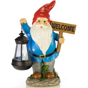 vp home welcome gnome with lantern solar powered led outdoor decor garden light (red hat) welcome gnome statues outdoor gnome decor funny figurine decor for outside patio, yard, lawn