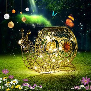 snail garden decor for outside – solar garden lights outdoor decor, metal snail figurine lights for patio yard lawn pathway, waterproof (vintage metal)