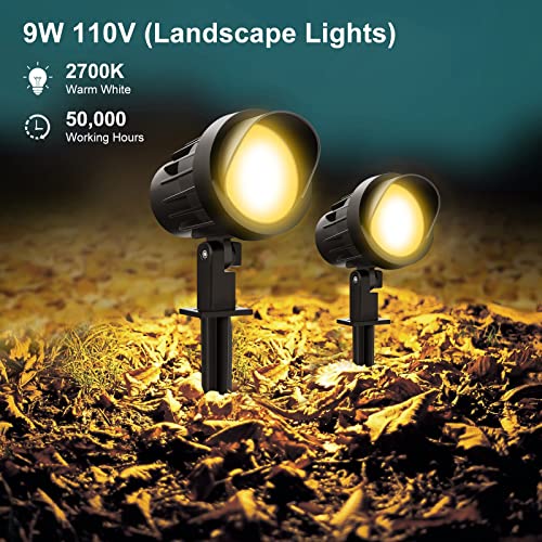 MEIKEE 9W LED Landscape Lights IP66 Waterproof Outdoor 110V Landscape Spotlight Pathway Lights for Yard, Lawn,Garden with US 3-Plug 3000K Warm White Lights (2 Pack)