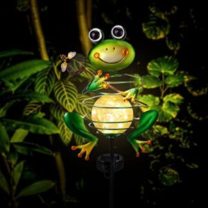 hedaqi outdoor solar frog shape stake lights with crackle glass globe, metal solar powered waterproof led pathway ligths for decor garden lawn, backyard, patio, yard, walkway