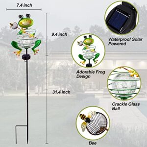 HEDAQI Outdoor Solar Frog Shape Stake Lights with Crackle Glass Globe, Metal Solar Powered Waterproof LED Pathway Ligths for Decor Garden Lawn, Backyard, Patio, Yard, Walkway