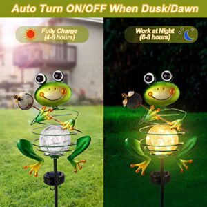 HEDAQI Outdoor Solar Frog Shape Stake Lights with Crackle Glass Globe, Metal Solar Powered Waterproof LED Pathway Ligths for Decor Garden Lawn, Backyard, Patio, Yard, Walkway