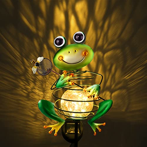 HEDAQI Outdoor Solar Frog Shape Stake Lights with Crackle Glass Globe, Metal Solar Powered Waterproof LED Pathway Ligths for Decor Garden Lawn, Backyard, Patio, Yard, Walkway