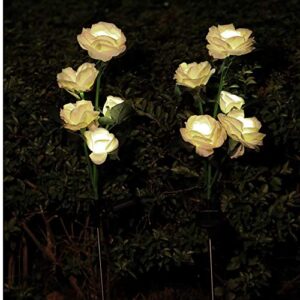 hdnicezm solar garden lights outdoor decorative – 2 pack upgraded realistic 5 rose flowers lights led solar stake lights waterproof for garden backyard patio pathway courtyard decoration (white)