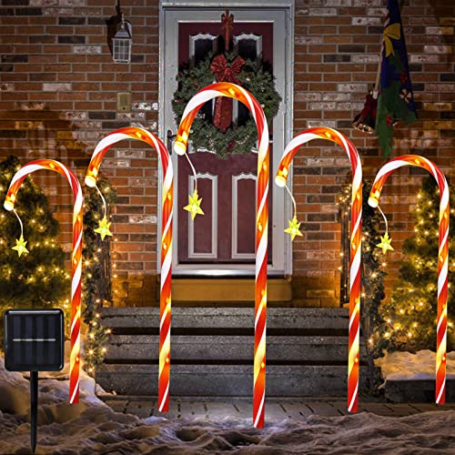 Phreewill Christmas Outdoor Solar Garden Lights, 5 Pack Candy Cane Christmas Decorations with Star, Waterproof Christmas Pathway Lights for Patio Yard Outdoor