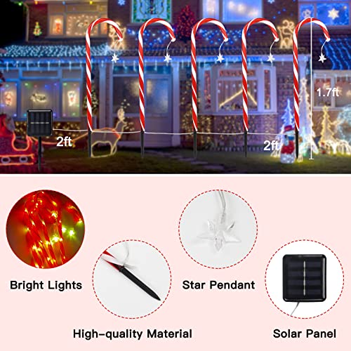 Phreewill Christmas Outdoor Solar Garden Lights, 5 Pack Candy Cane Christmas Decorations with Star, Waterproof Christmas Pathway Lights for Patio Yard Outdoor