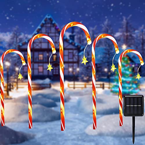 Phreewill Christmas Outdoor Solar Garden Lights, 5 Pack Candy Cane Christmas Decorations with Star, Waterproof Christmas Pathway Lights for Patio Yard Outdoor