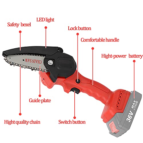 Mini Cordless Chainsaw Kit, 4 Inch One-Hand Handheld Electric Portable Chainsaw with 36V 2pcs Batteries for Garden Pruning, Bonsai Trunk, and Firewood (Red)…