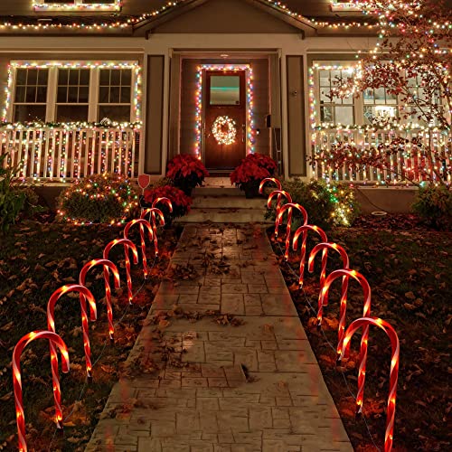 CREPRO Christmas Candy Cane Pathway Lights, 10 Pack Christmas Pathway Markers Decorations Lights for Holiday Yard Patio Garden Walkway Indoor Outdoor Lights Stakes