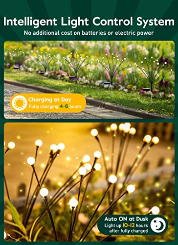 Solar Garden Lights - 4 Pack 12 LED Solar Firefly Lights with 2 Lighting Mode, Sway by Wind, Waterproof Solar Decorative Lights, Solar Outdoor Lights for Yard Patio Walkway Decoration, Warm White