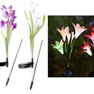 Outdoor Solar Flower Garden Stake Lights (2 Pack) Garden Lilly Flowers Multi Color LED Light Changing White and Purple Indoor-Outdoor