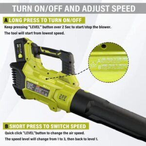 SEYVUM Leaf Blower - 580CFM 20V MAX Leaf Blower Cordless with 5.0 Battery & Fast Charger, 3-Speed Dial Electric Leaf Blower for Lawn Care, Battery Powered Leaf Blower Lightweight for Patio, Yard, Snow