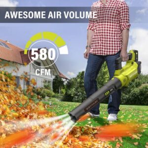 SEYVUM Leaf Blower - 580CFM 20V MAX Leaf Blower Cordless with 5.0 Battery & Fast Charger, 3-Speed Dial Electric Leaf Blower for Lawn Care, Battery Powered Leaf Blower Lightweight for Patio, Yard, Snow