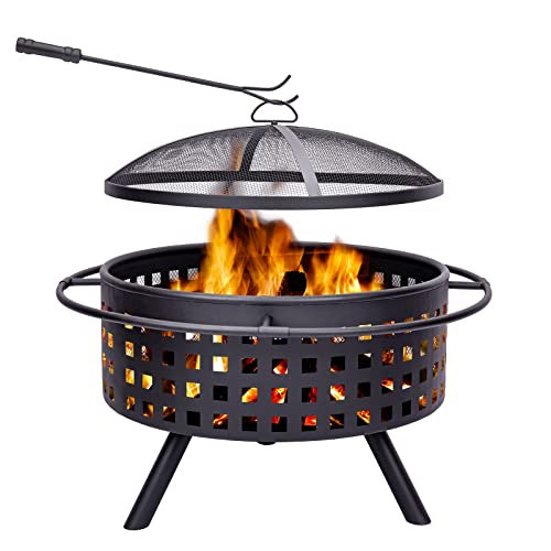 Vipush Fire Pit - 30in Black Crossweave Outdoor Fire Pit, Wood Burning Fire Pit with Spark Screen, Fireplace Poke, Cover - Fire Pit for Outside, Patio, Garden, Backyard, Decking