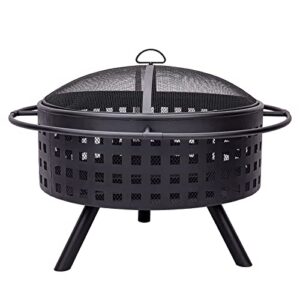 Vipush Fire Pit - 30in Black Crossweave Outdoor Fire Pit, Wood Burning Fire Pit with Spark Screen, Fireplace Poke, Cover - Fire Pit for Outside, Patio, Garden, Backyard, Decking