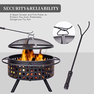 Vipush Fire Pit - 30in Black Crossweave Outdoor Fire Pit, Wood Burning Fire Pit with Spark Screen, Fireplace Poke, Cover - Fire Pit for Outside, Patio, Garden, Backyard, Decking