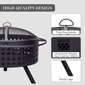 Vipush Fire Pit - 30in Black Crossweave Outdoor Fire Pit, Wood Burning Fire Pit with Spark Screen, Fireplace Poke, Cover - Fire Pit for Outside, Patio, Garden, Backyard, Decking